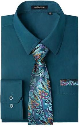 Hisdern Chemise Sarcelle pour Homme à Manches Longues Chemises Costume avec Cravate daffaires 4XL