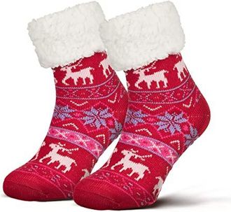 Piarini 1 paire de chaussettes douillettes avec semelle ABS - Chaussettes chaudes pour femme - Chaussettes dhiver avec picots antidérapants, Rouge cerf - Tail