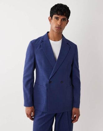 Asos Veste de costume coupe classique &agrave; double boutonnage en tissu flamm&eacute; - Bleu marine