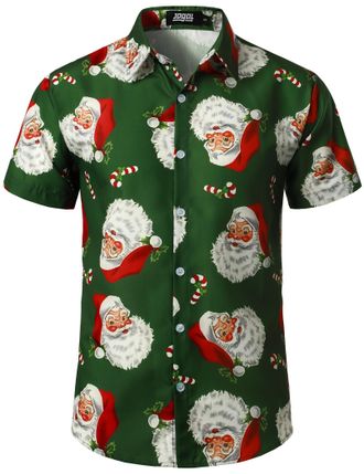 JOGAL Herren Weihnachten Hemd Funky Kurzarm Christmas Hawaiihemd Button Down Weihnachtsmann Print Freizeithemd XXX-Large Grün Weihnachtsmann