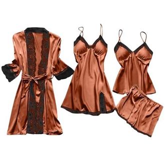 Generic Lingerie de nuit pour femme - Robe en dentelle - Ensemble pyjama - Chemise de nuit en soie, marron, XXL