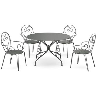 Vente-Unique Salle &agrave; manger de jardin en m&eacute;tal fa&ccedil;on fer forg&eacute; : une table D.120cm et 4 fauteuils empilables - Anthracite - GUERMANTES de MYLIA
