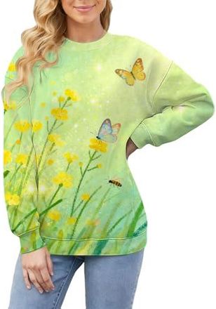 Generic Sweat-shirt à manches longues et col rond imprimé aquarelle décontracté et confortable pour femme, Sweat-shirt vert clair pour femme, 3XL