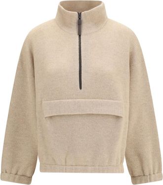 Brunello Cucinelli Kaschmir Pullover mit halbem Rei&szlig;verschluss - - Knitwear - Herren - Braun - S
