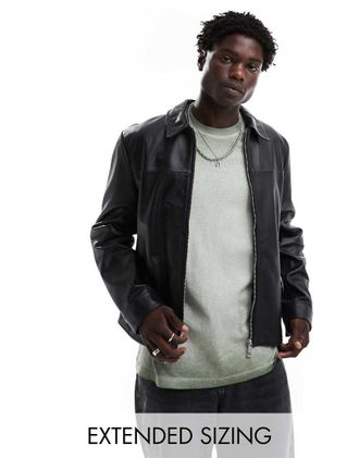 Asos Hochwertige Harrington-Jacke aus echtem Leder in Schwarz