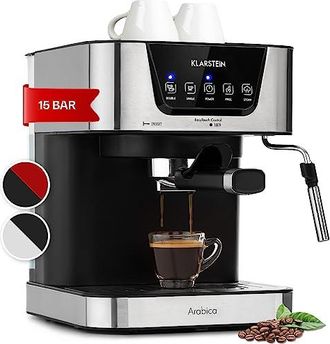Klarstein Cafetiere avec Mousseur de Lait, Cafetières 1.5L, Machines à Café, Machines à expresso 15 Bar, Petite Cafetière Electrique Acier Inoxydable 1050W Café