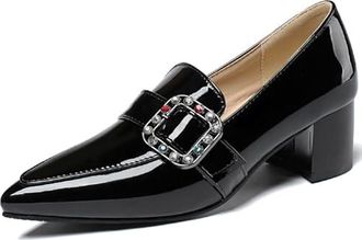 Generic Qynthra Mocassins &agrave; Bout Pointu en Cuir Verni avec Talon Bloc et Boucle d&eacute;cor&eacute;e de Pierres pour Bureau et &eacute;v&eacute;nement Cocktail, Talon Moyen, Chaussures 