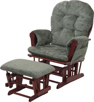 Mendler Relaxsessel HWC-C76, Schaukelstuhl Schwingstuhl mit Hocker Stoff Chenille (465g/m&sup2;) &Ouml;ko-Tex - gr&uuml;n, Gestell dunkel