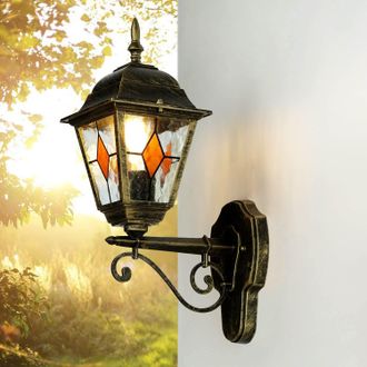Licht-Erlebnisse Außenwandlampe Aluminium Glas in Gold Antik IP44 Hof Balkon H:40 cm E27 Laterne stehend Rustikal Tiffany Wandleuchte Garten SALZBURG