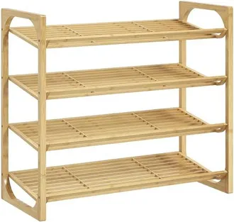 HOMCOM Étagère à Chaussures à 4 Niveaux, Rangement Chaussures 12 Paires au Design à Lattes, pour entrée, Placard, en Bambou, 76 x 33 x 67 cm, Effet Bois Natu