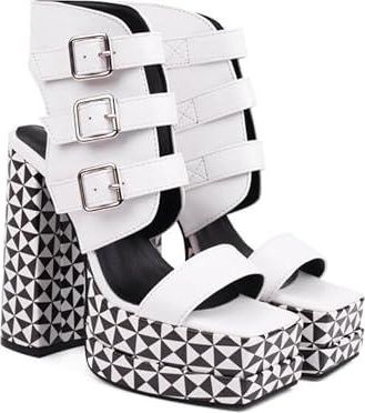 Generic Sandales Femme Gothique Plate-Forme avec Triple Boucle Sangle Cuir Noir Motif G&eacute;om&eacute;trique Talon Bloc Chaussures Et&eacute; Mode, Vert, 43 EU