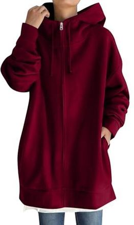 Generic Chandail à capuchon long tunique à capuche personnalisé avec fermeture éclair grande taille avec poche, bordeaux, XXL
