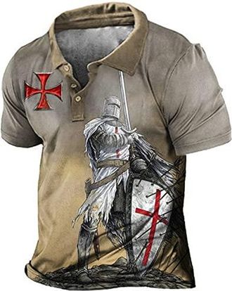 Keephen Hommes Chevaliers Templiers Imprimé T-Shirt 3D Imprimé Col Polo Manches Courtes T-Shirt Décontracté Revers Cou Tee Streetwear