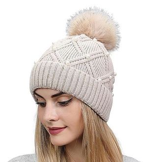 Generic Bonnet femme hiver avec pompon et perles &Eacute;l&eacute;gant bonnet tricot&eacute; Bonnet dhiver chaud Casquette dhiver Chapeaux dhiver Bonnets tricot&eacute;s pour femmes Cade