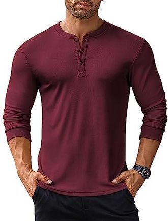 Coofandy Henley Pull Homme Manches Longues Bouton Tricot Pulls Bouton Solide T-Shirt Pull dhiver Doux et Confortable Rouge Foncé L