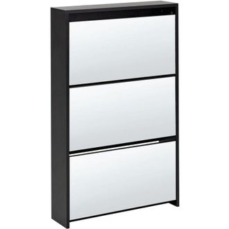 Beliani Hoher Schuhschrank Schwarz MDF-Platte mit 3 Klappt&uuml;ren Verspiegelt Spiegeleffekt Modern Flur Eingangsbereich Diele Ankleide Garage Garderobe