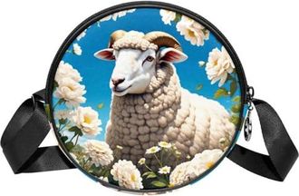 Generic Sac &agrave; bandouli&egrave;re rond pour femme, motif fleur de mouton, petit sac &agrave; bandouli&egrave;re avec fermeture &eacute;clair, bretelles r&eacute;glables, sac &agrave; main rond d&eacute;contra