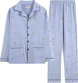 Generic Pyjama homme long coton poignets : combinaison dint&eacute;rieur pour hommes XXXL avec boutonni&egrave;re chemise de nuit + pantalon de pyjama 2 pi&egrave;ces v&ecirc;tements de