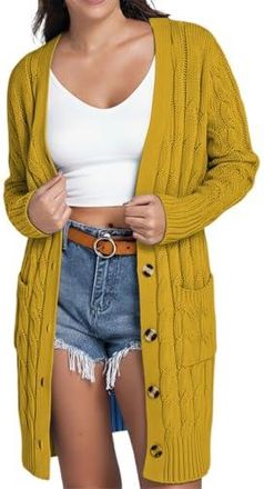 Generico Veste dhiver ample en tricot élégant Cardigan long avec col en V Fermeture à boutons Pull en tricot avec poches Manteau de loisirs Cardigan long pour 