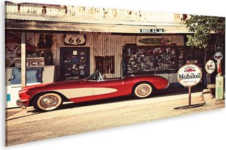 Islandburner Bild auf Leinwand Rotes Cabrio an Route 66 bei alter Tankstelle Bilder Wandbilder Poster