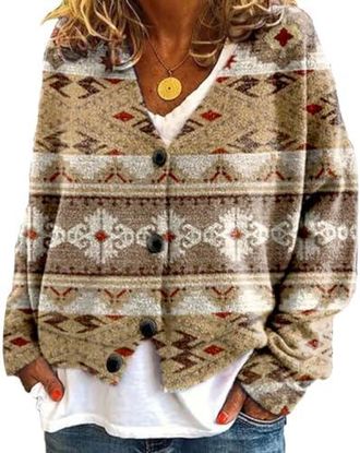 Onsoyours Gilets en Tricot Imprimé Femme Veste Courte Casual Cardigan Coupe Ample À Manches Longues Gilet Chaud avec Boutons Sweater Manteau Outwear Haut Top Ch