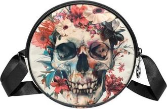 Generic Petit sac &agrave; bandouli&egrave;re circulaire pour femme, motif cr&acirc;nes, fleurs, petit sac &agrave; bandouli&egrave;re avec fermeture &eacute;clair, bretelles r&eacute;glables, sac &agrave; main ro