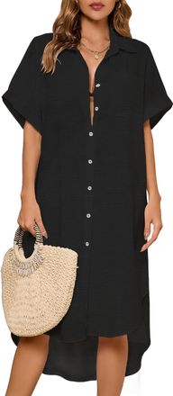 Bsubseach Frauen Button Down Shirt Badeanzug Cover Up Strand Coverup Bluse Tunika Kleid Schwarz M