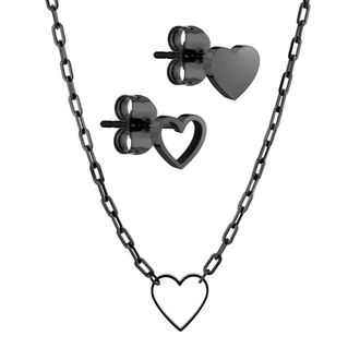 Liebeskind BERLIN Schmuck-Set - Herz-Ohrstecker und Gliederhalskette - IP Schwarz - Gliederkette verstellbar bis 45 cm - wasserfest & hautfreundlich