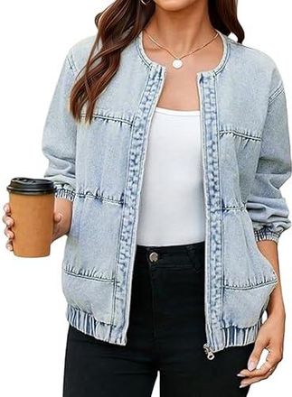 Generic Blouson bomber en jean tendance d&eacute;contract&eacute; &agrave; manches longues pour femme, coupe ample, tenue dautomne, bleu clair, XL