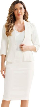 Allegra K Damen Business Rock Anzug Set 2-Teiliges B&uuml;ro Arbeits Outfit Kragenloser Blazer Bleistiftrock Wei&szlig; XS