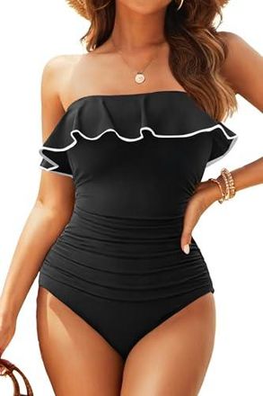 Holipick Maillot de bain une pi&egrave;ce sans bretelles pour femme - Contr&ocirc;le du ventre - Bandeau &agrave; volants - Maillot de bain amincissant, noir/blanc, Taille M