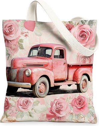 Generic Sacs fourre-tout vintage en toile &agrave; motif de camion rose, sacs d&eacute;picerie r&eacute;utilisables, sacs d&eacute;picerie &eacute;l&eacute;gants, l&eacute;gers, lavables en toile, 33 x 38 cm