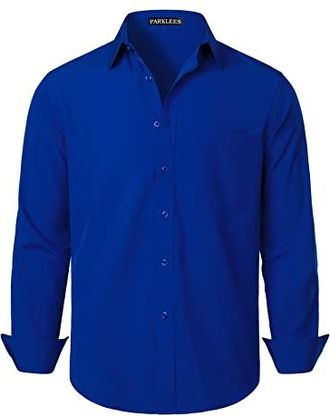 PARKLEES Chemise habillée à manches longues pour homme - Coupe classique - Sans plis - Style décontracté - Avec poche, bleu marine, 3XL