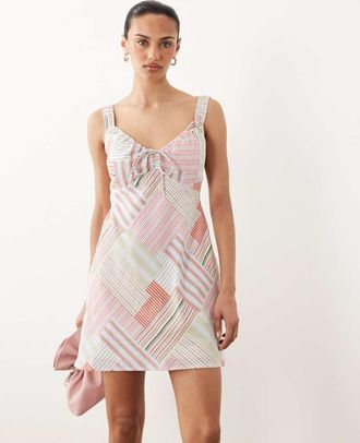 Abercrombie & Fitch Robe courte tendance folk en lin m&eacute;lang&eacute; avec rayures abstraites-multicolore