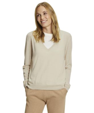 Falke Damen Pullover Basic New Merino V-Neck W Pu Wolle elegant klassisch f&uuml;r Business und Freizeit mit V-Ausschnitt 1 St&uuml;ck, Beige Melange 4043, XS