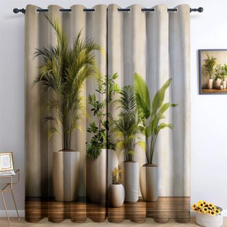 Generic Vorhänge Blickdichte mit Ösen Gardinen 2er Set 3D-Fotografie Pflanzen Holzboden Verdunkelungsvorhang Khaki Grün Thermovorhang, für Schlafzimmer Wohnzi