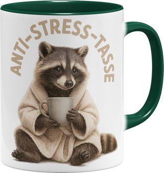 OM3 Waschb&auml;r Anti-Stress Kaffee-Tasse mit Spruch - Lustige Raccoon Keramiktasse mit Bademantel - Keramik Becher - 325ml - Beidseitig Bedruckt - Gr&uuml;n