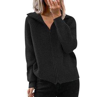 Generic Cardigan &agrave; fermeture &eacute;clair pour femme - Style d&eacute;contract&eacute; - Couleur unie - Manches longues - Pull tricot&eacute; tendance pour lautomne, Noir, XXL