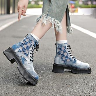 Generic Bottines d&eacute;contract&eacute;es en jean pour femme - Style motard - &Eacute;l&eacute;gantes - Bout rond - Polyvalentes - Talon bas et &eacute;pais - Antid&eacute;rapantes - Confortables -