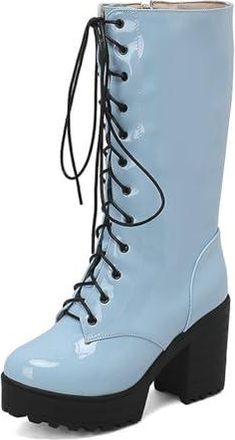 Generic Bottes d&eacute;quitation mi-claf &agrave; lacets pour femme avec plateforme &eacute;paisse et bout rond - Chaussures punk avec fermeture &eacute;clair lat&eacute;rale, bleu, 39.5 EU