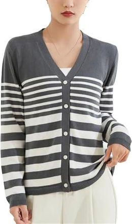 Generic Cardigan dhiver en tricot 100 % coton pour femme avec col en V ray&eacute; couleur contrast&eacute;e, Rayures grises et blanches., Taille XS