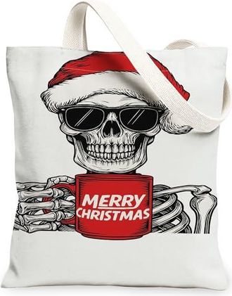Generic Sacs fourre-tout en toile motif squelette de No&euml;l, motif cr&acirc;ne, sacs d&eacute;picerie r&eacute;utilisables, vintage, l&eacute;gers, lavables en toile pour Tra, Blanc, 13x1