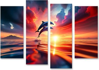 Islandburner Bild auf Leinwand Zwei Delfine springen bei Sonnenuntergang aus dem Meer (3) Bilder Wandbilder Poster