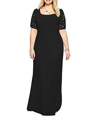 LaoZan Robe De Cocktail en Dentelle Longue De Soirée Rétro Vintage Col Rond Manches Courtes Maxi Robe pour Femme Noir 2XL