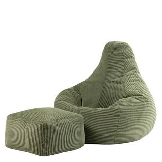 Icon Brand Dalton Sitzsack mit Hocker Cord, Salbeigrün, Gaming Sitzsack Erwachsene mit Füllung, Bean Bag, Cord Sessel, Lounge Sessel, Lounge Stuhl, Schlafzimmer,