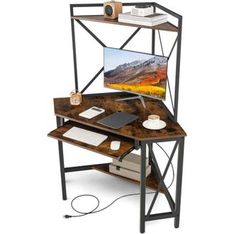 Costway Costway - Bureau dangle avec &Eacute;tag&egrave;re de Rangement, Bureau Informatique avec 2 Prises de Courant & 2 usb, Plateau pour Clavier, Cadre en M&eacute;tal