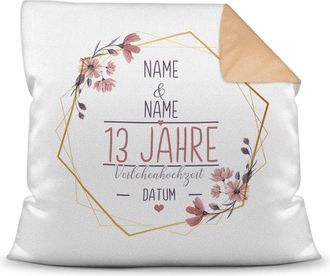 Tassendruck Kissen Hochzeitstag Veilchen Hochzeit - mit Name & Datum selbst gestalten - 13 Jahre Ehe, Geschenk Hochzeit, Jubiläum, Jahrestag - Farbkissen Rückseit