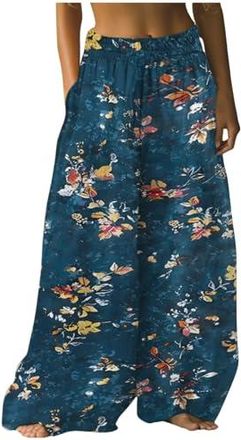 Generic Pantalon palazzo taille haute élastique pour femme - Pantalon floral avec poches - Pantalon dété élégant avec cordon de serrage - Pantalon ample à mot