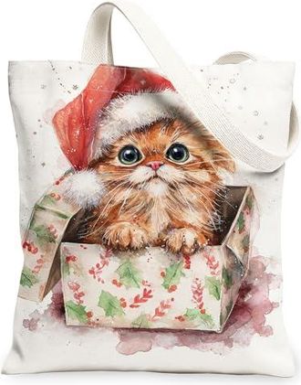 Generic Sacs fourre-tout en toile motif chat de No&euml;l, adorable f&eacute;lin, sacs d&eacute;picerie r&eacute;utilisables, l&eacute;gers et lavables avec bandouli&egrave;re C, blanc, 13x15 Inch