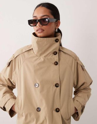 Brave Soul trench-coat court &agrave; col montant couleur pierre-Neutre